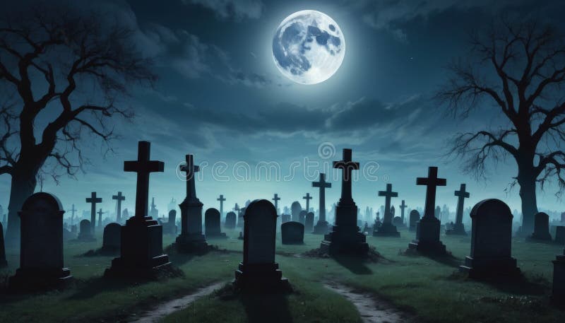 Moonlit Cemetery Silence stock image. Image of ancient - 314555335