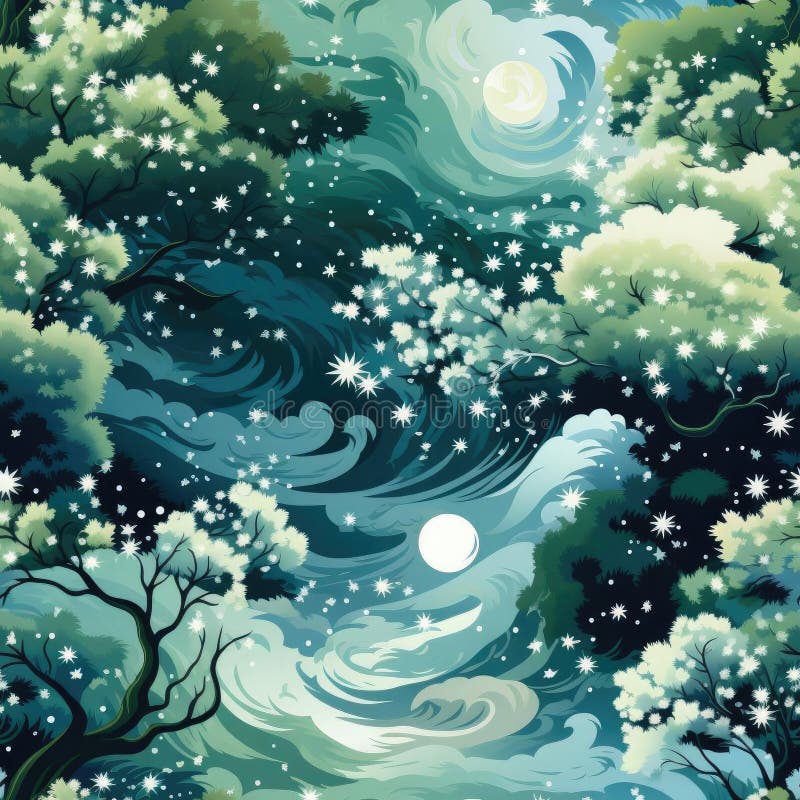 Serene Moonlit Night and Landscape Vector Illustrations (tiled) Stock ...