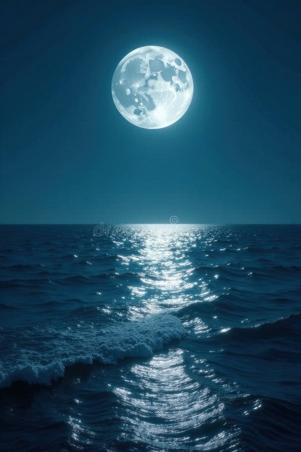 Serene Moonlit Ocean; Silver Path Stretches Far, Atmosphere, Calm Stock ...