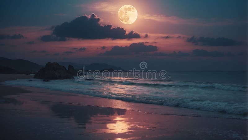 Serene Moonlit Ocean View with Clouds and Reflection. Stock ...