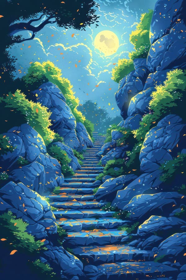Stone Steps Leading Upwards Under Moonlight in a Mystical Canyon Stock ...