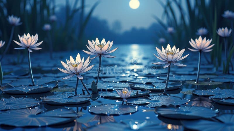 Serene Moonlit Pond with White Lotus Flowers Reflecting on Water Stock ...