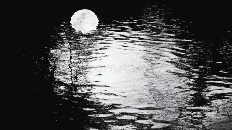 Serene Moonlit Waterscape at Night, Monochrome Stock Illustration ...