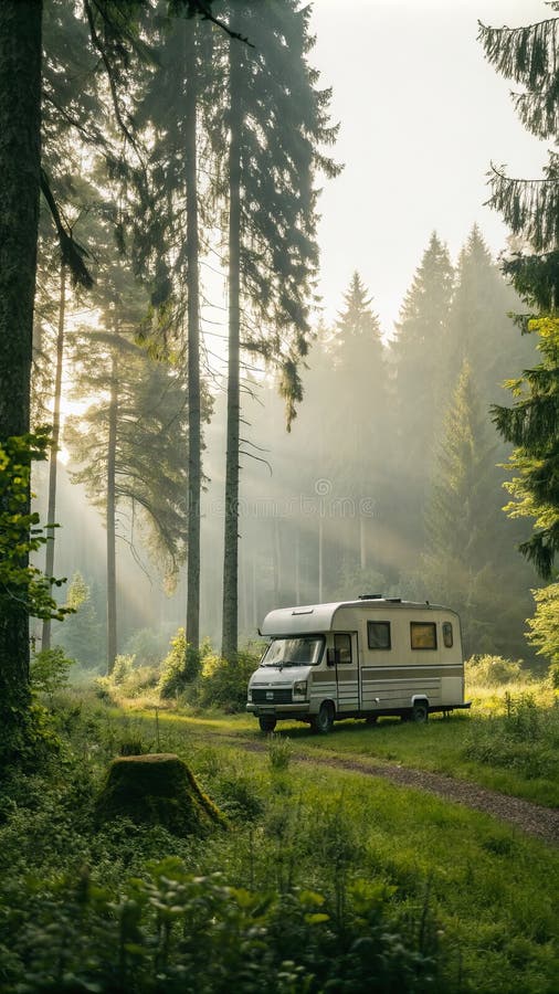 Serene Morning with Camper Van in Misty Forest Landscape Stock Photo ...