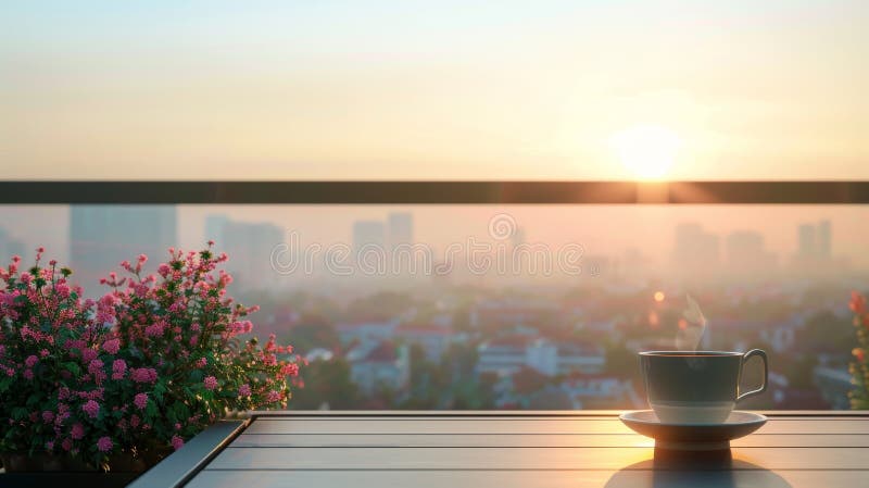 Serene Morning Coffee Break Overlooking the Metropolis with Copy Space ...