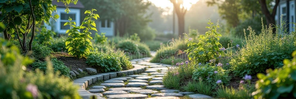 Serene Morning Garden Pathway with Sunlit Greenery and Flowers Stock ...