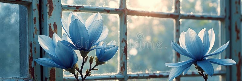 Serene Morning Light Shining on Blue Flowers by Rustic Window Frame ...