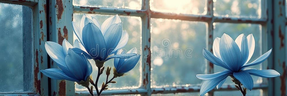 Serene Morning Light Shining on Blue Flowers by Rustic Window Frame ...
