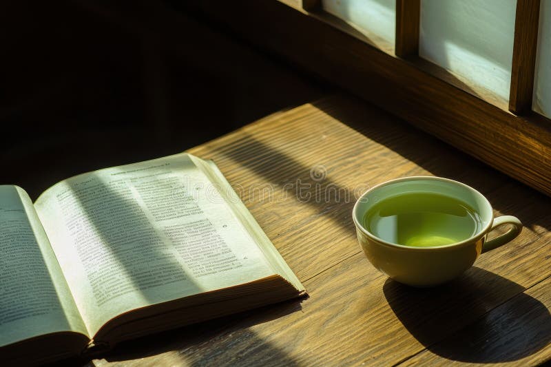 Serene Morning Routine: Green Tea and Open Book in Natural Light by the ...