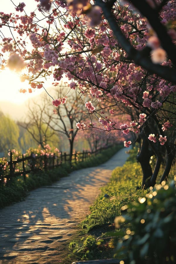 A Serene Morning Scene Featuring Spring Blooms, Stock Image - Image of ...