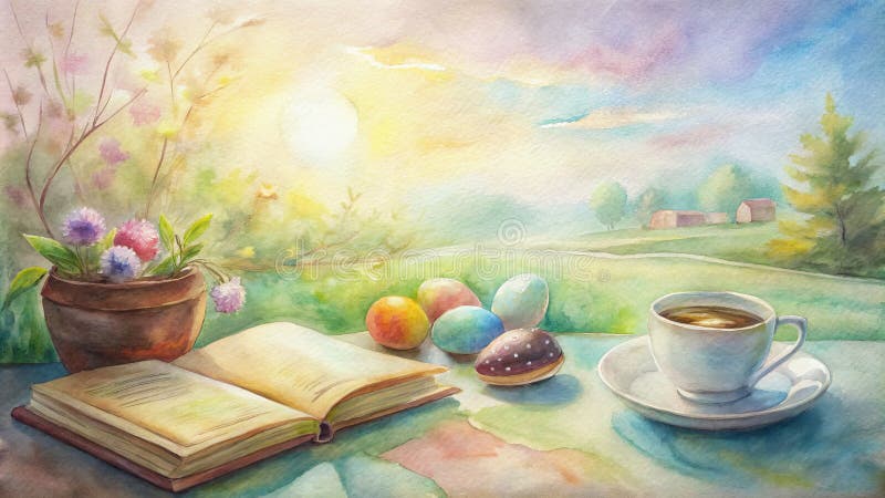 Serene Morning Scene with Open Book, Easter Eggs, Coffee Cup, and ...