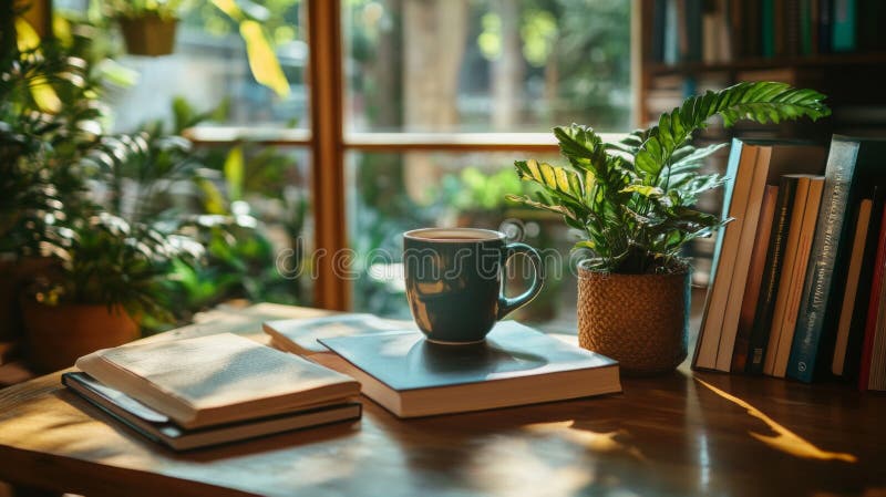 Serene Morning Tea Break with Books and Plants Stock Illustration ...