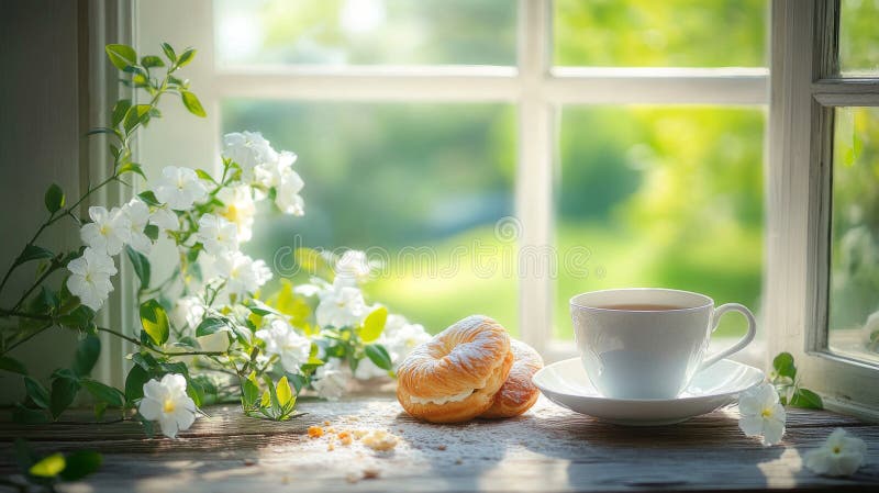 A Serene Morning Tea Break beside a Window Stock Illustration ...