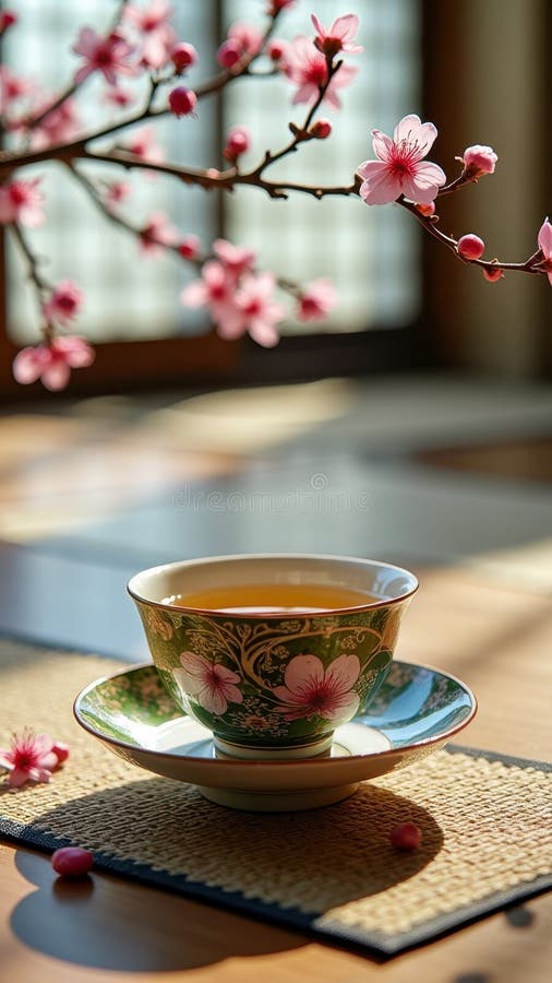 Serene Morning Tea Ritual with Blossoms in Traditional Setting Stock ...