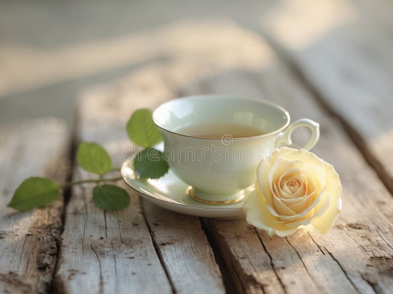 Serene Morning Tea Setting on a Rustic Table Stock Photo - Image of ...
