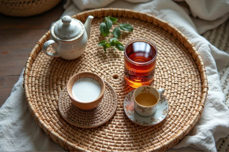 Serene Morning Tea Setup with Ceramic Teapot, Coffee, and Herbal Drink ...