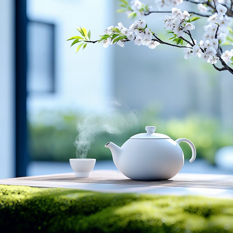 Serene Morning Tea Setup with White Teapot and Blossoming Branch ...
