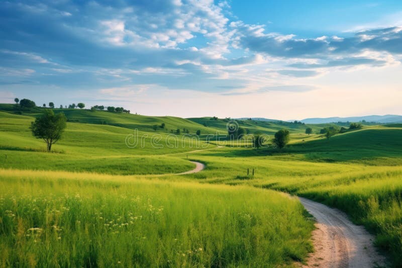 Serene Morning Walk on a Winding Path through a Green Hillside Stock ...