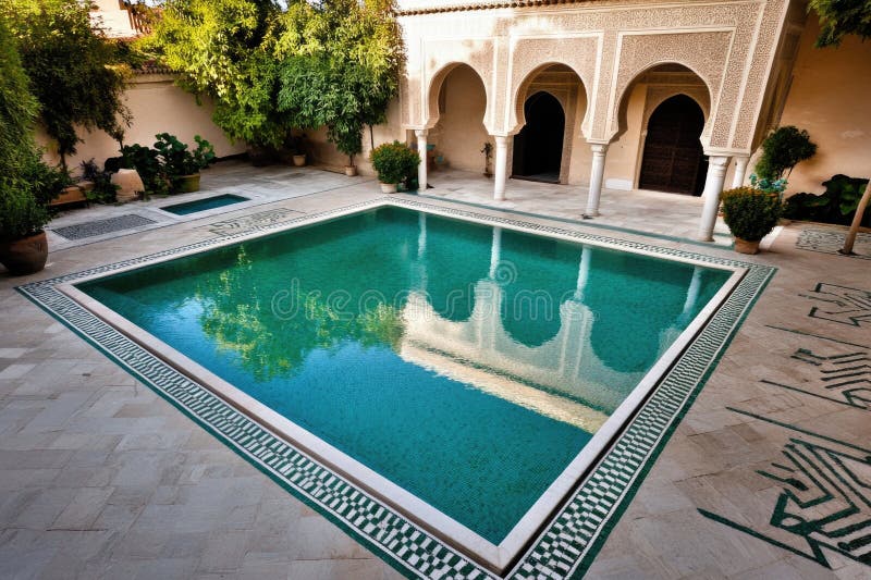 Serene Moroccan Courtyard with Intricate Architecture and Reflective ...