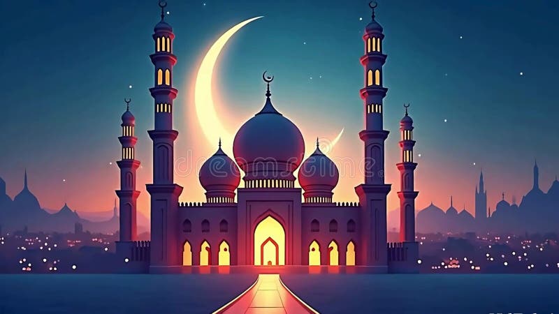 Serene Mosque Animation with Crescent Moon and Stars Stock Footage ...