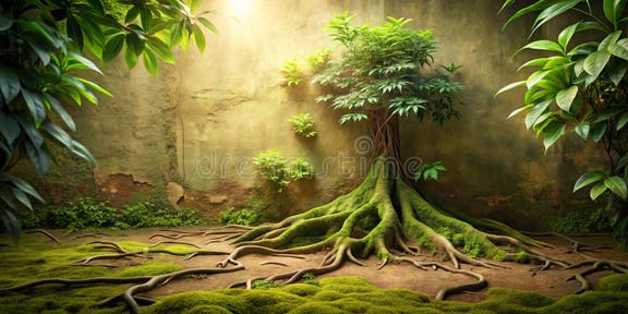 Serene Moss-covered Roots of a Tree Against a Weathered Wall ...