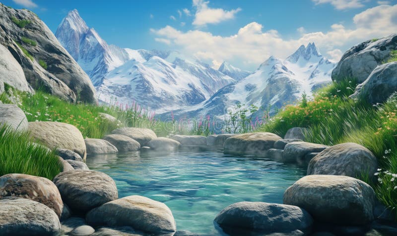 Serene Mountain Hot Spring Surrounded by Lush Greenery and Snow-capped ...