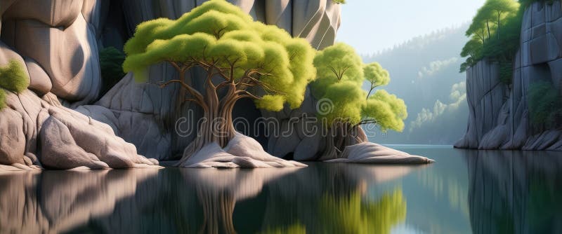 Serene Mountain Lake with Lush Trees Reflecting in Calm Water Stock ...