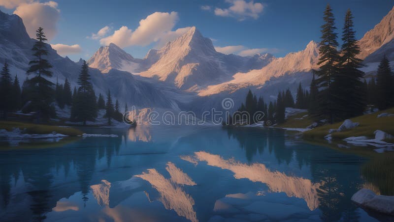 Serene Mountain Lake Reflecting Majestic Peaks at Dawn Stock Illustration - Illustration of ...