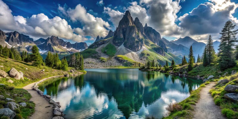 Serene Mountain Lake Reflecting Majestic Peaks Under a Sky of Puffy Clouds. Generative AI Stock ...