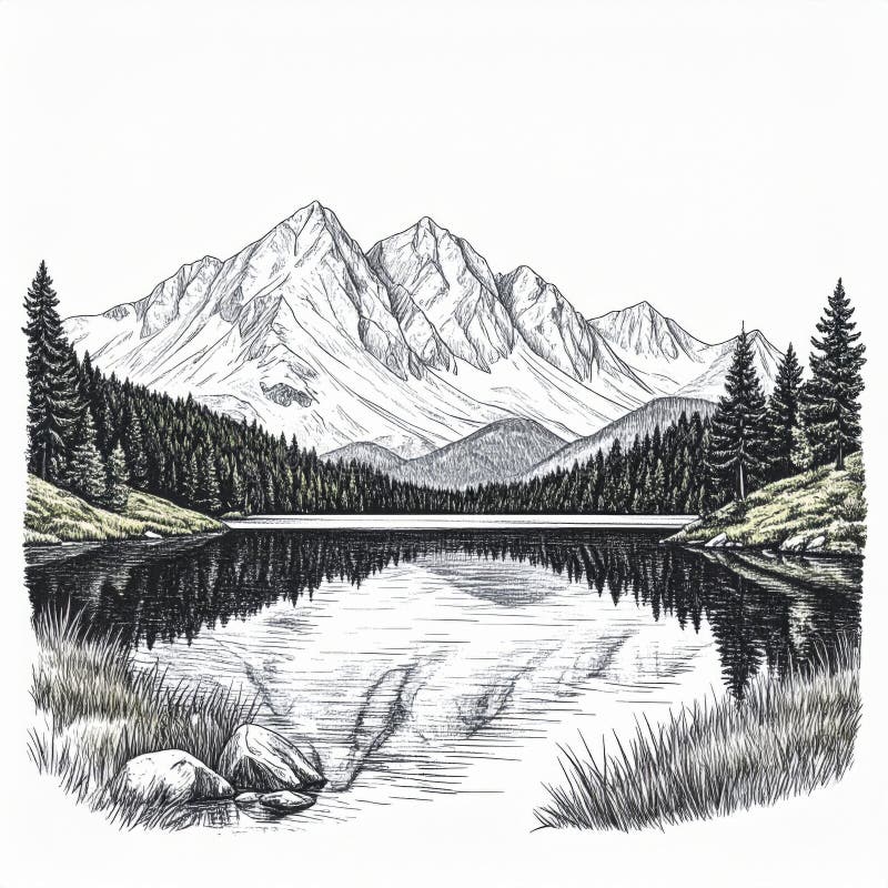 Serene Mountain Lake Reflection Drawing Stock Illustration ...