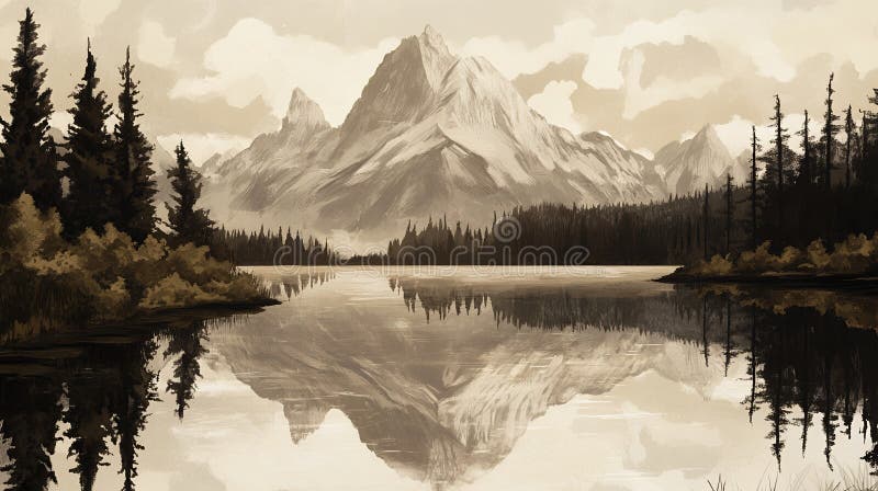 Serene Mountain Lake Reflection Nature Landscape Art Stock Illustration ...