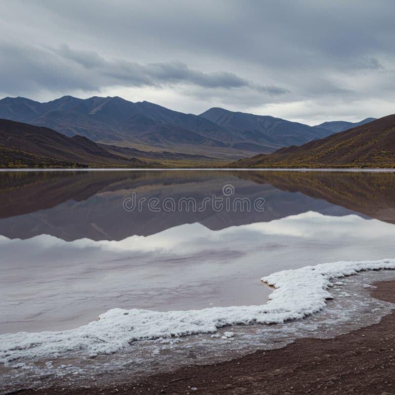 Serene Mountain Lake Reflection with Salt Shore Stock Illustration ...