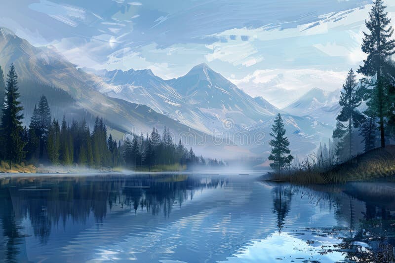 A Serene Mountain Lake Scene with Pine Trees Lining the Shore, Their ...