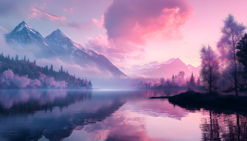 A Serene Mountain Lake Scene with Pink Sky, a Reflection, and Mist ...