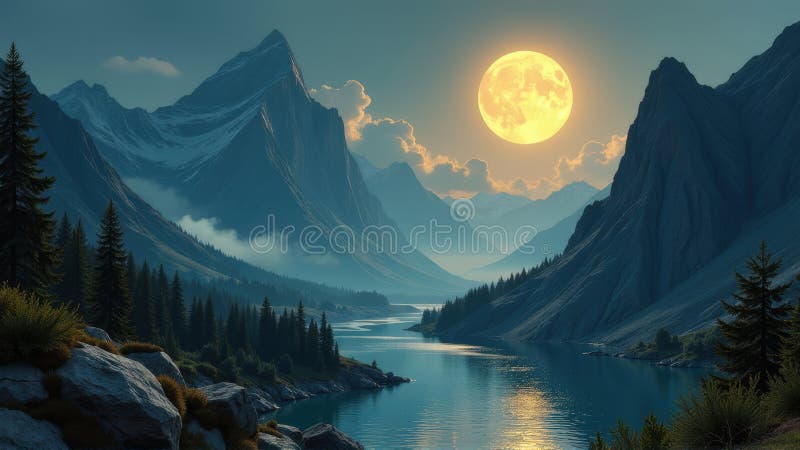 Serene Mountain Lake Under Full Moon Stock Illustration - Illustration ...