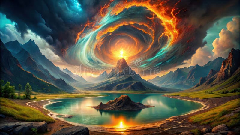 Serene Mountain Lake Under a Whirlwind of Fiery Celestial Phenomena ...