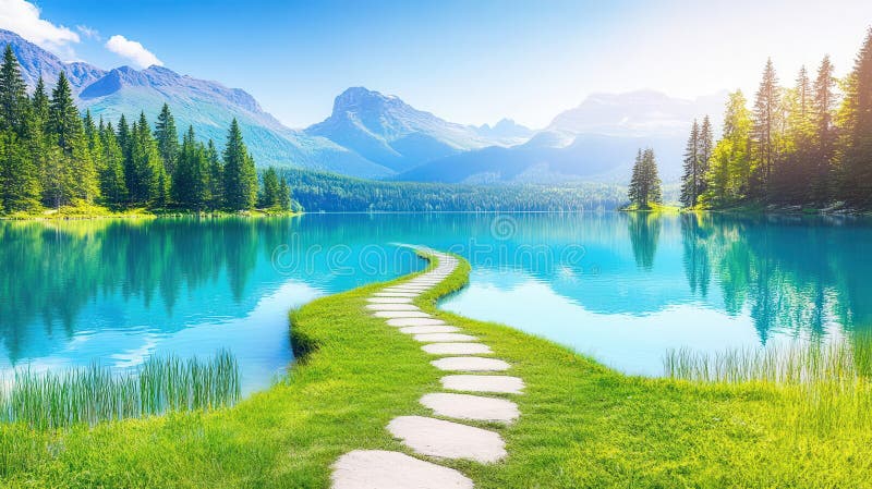 Serene Mountain Lake with a Winding Stone Path Leading Towards a ...