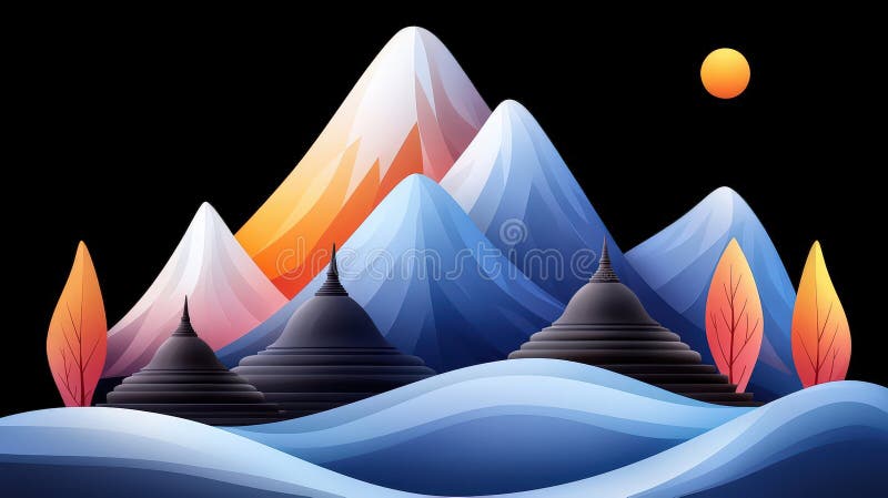 Serene Mountain Landscape with Colorful Peaks and Abstract Structures ...