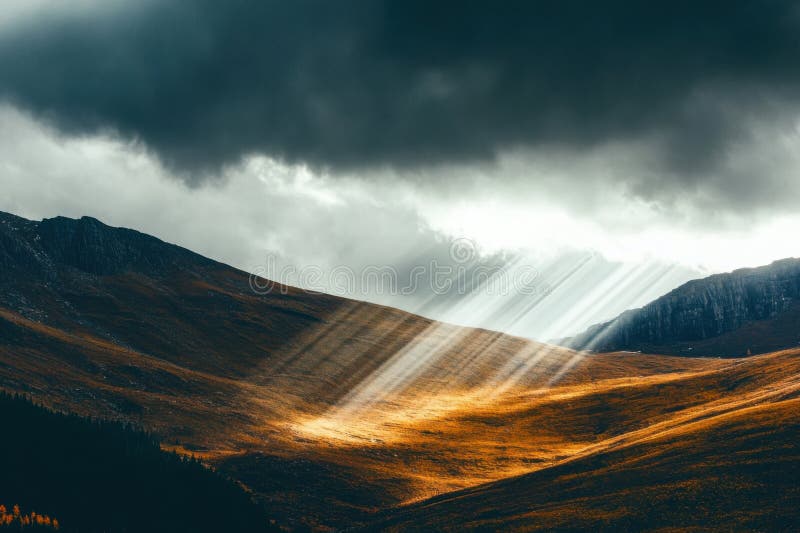 Serene Mountain Landscape with Dramatic Sky and Sun Rays Stock Photo - Image of serene ...