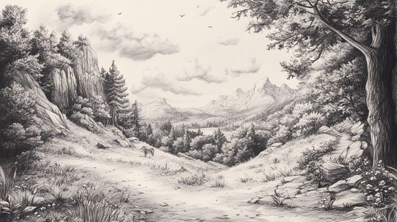 Serene Mountain Landscape Drawing Hiking Trail Cliffs Forest Lake Stock ...