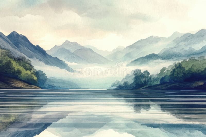 Serene Mountain Landscape with Misty Reflections and Tranquil Water ...