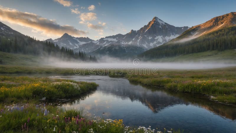Serene Sunrise Over Misty Mountain Meadow with River Reflection Stock Illustration ...