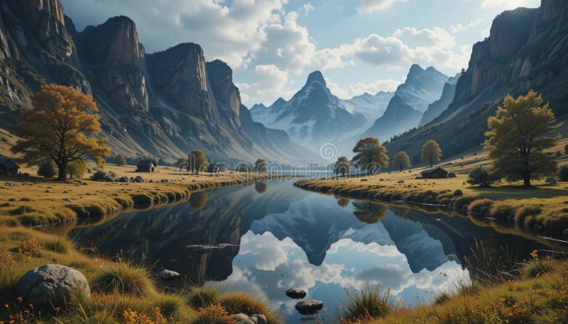 A Serene Mountain Landscape with a Tranquil River Reflecting the Jagged ...