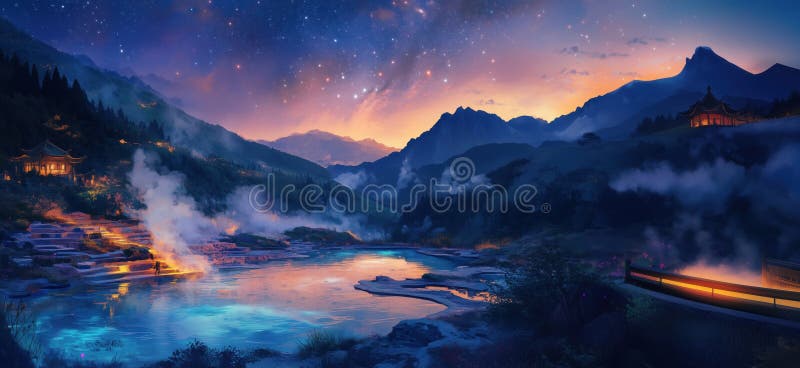 Serene Mountain Landscape at Twilight with Glowing Hot Springs and ...