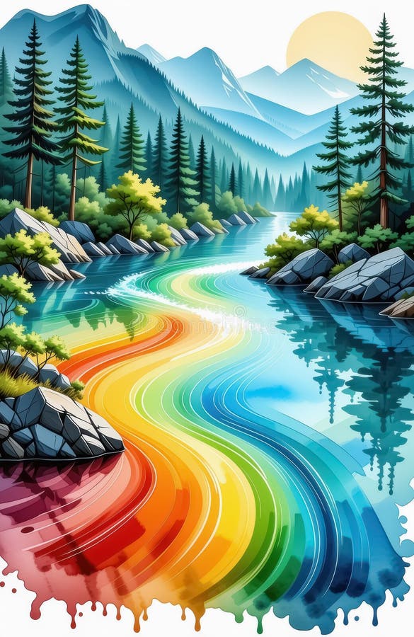 Serene Mountain Landscape with Vibrant Rainbow River and Lush Forest. AI Generation Stock Photo ...
