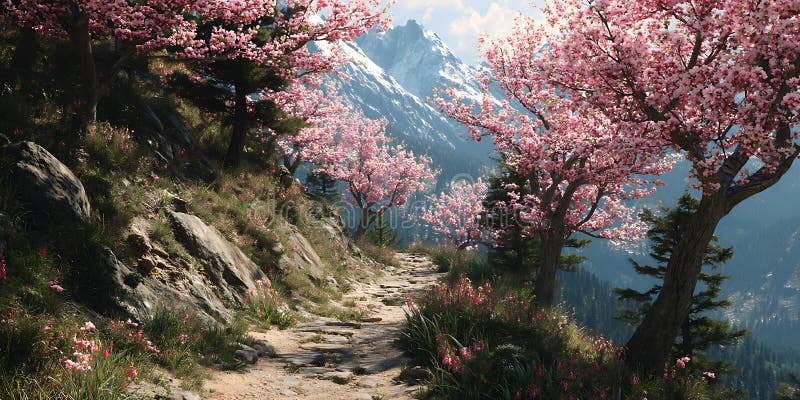 Serene Mountain Path with Blooming Pink Trees a Breathtaking Vista ...