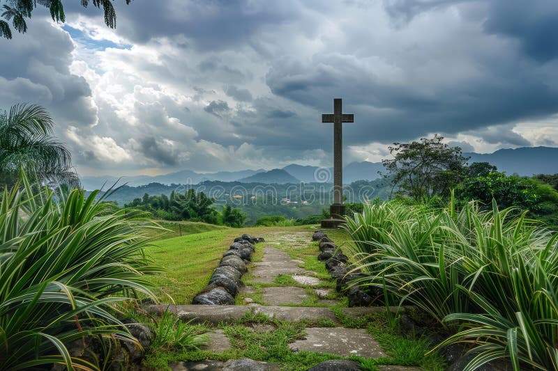Serene Mountain Path with Cross Overlooking Valley Stock Photo - Image ...