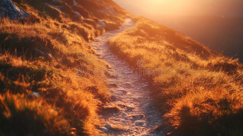 Serene Mountain Path at Sunset with Golden Light Stock Illustration ...