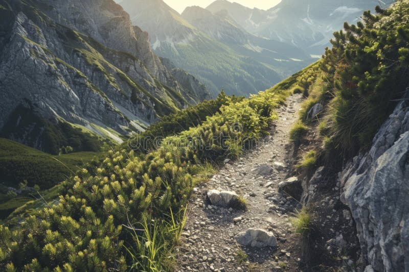 Serene Mountain Path at Sunset with Lush Greenery and Alpine Views ...