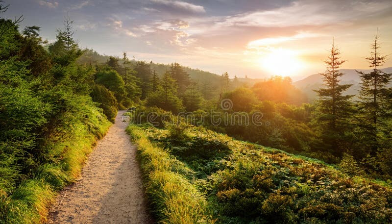 Serene Mountain Path Winding through Lush Forest at Sunrise, Inviting ...